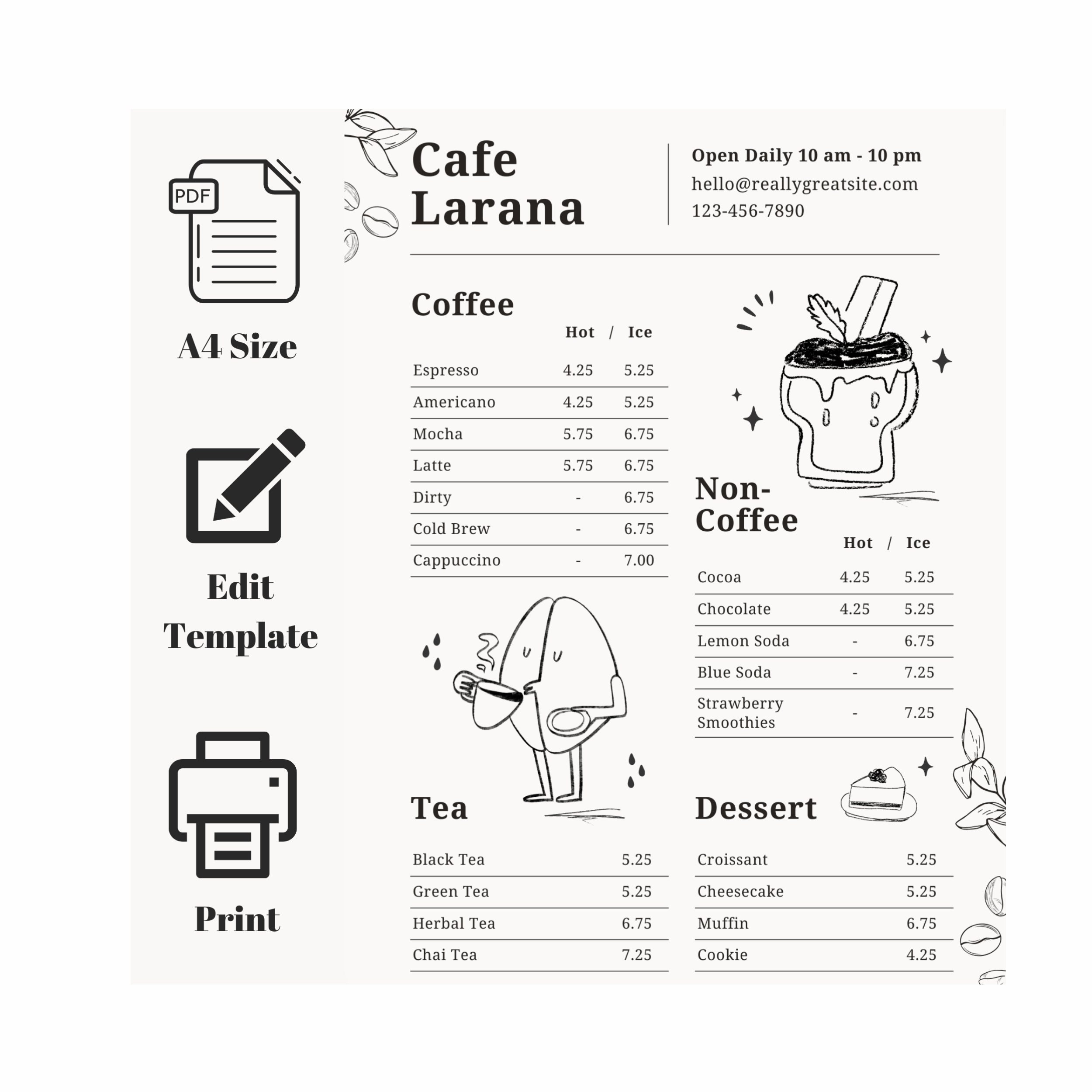 Barista Coffee Menu Template for Canva, A4 Size Editable and Printable ...
