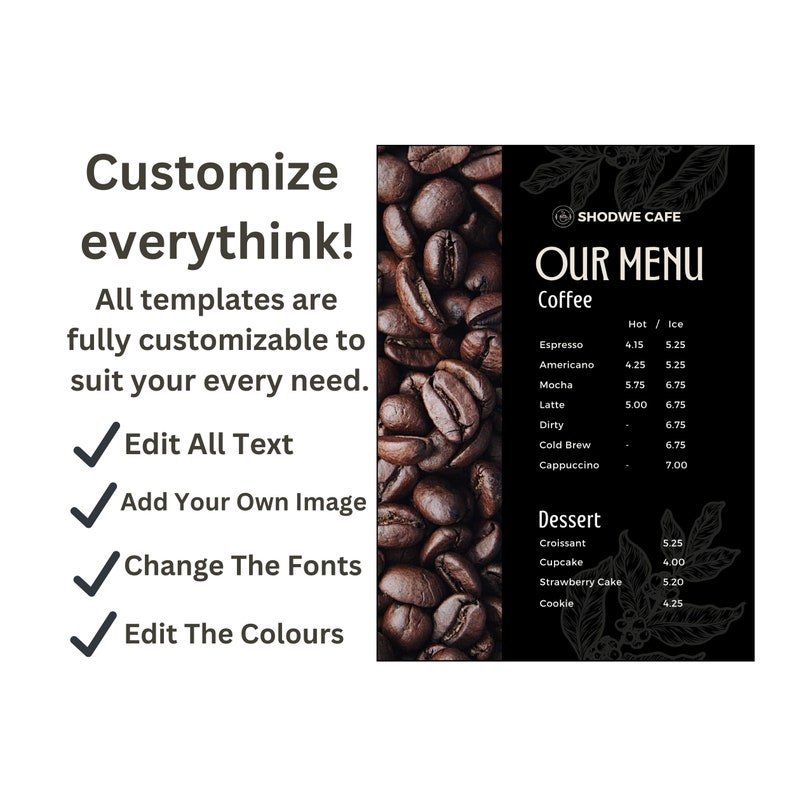 Coffee Menu Template, Customizable Coffee Menu Template, Coffee Shop ...