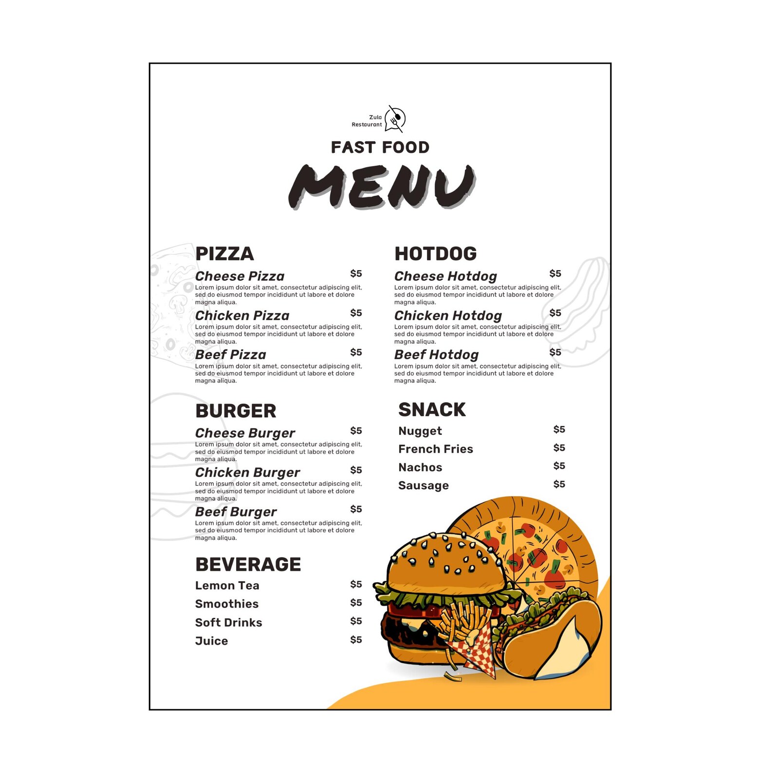 Fast Food Menu Template | Editable Fast Food Menu Template (A4 Size ...
