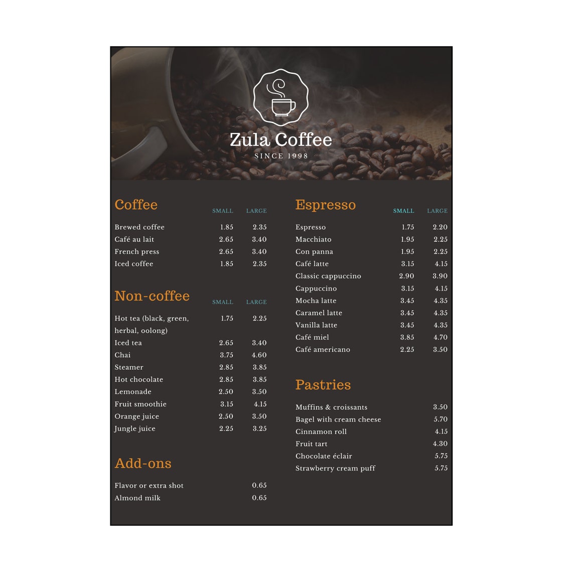 Coffee Menu Template, Customizable Coffee Menu Template, Coffee Shop ...