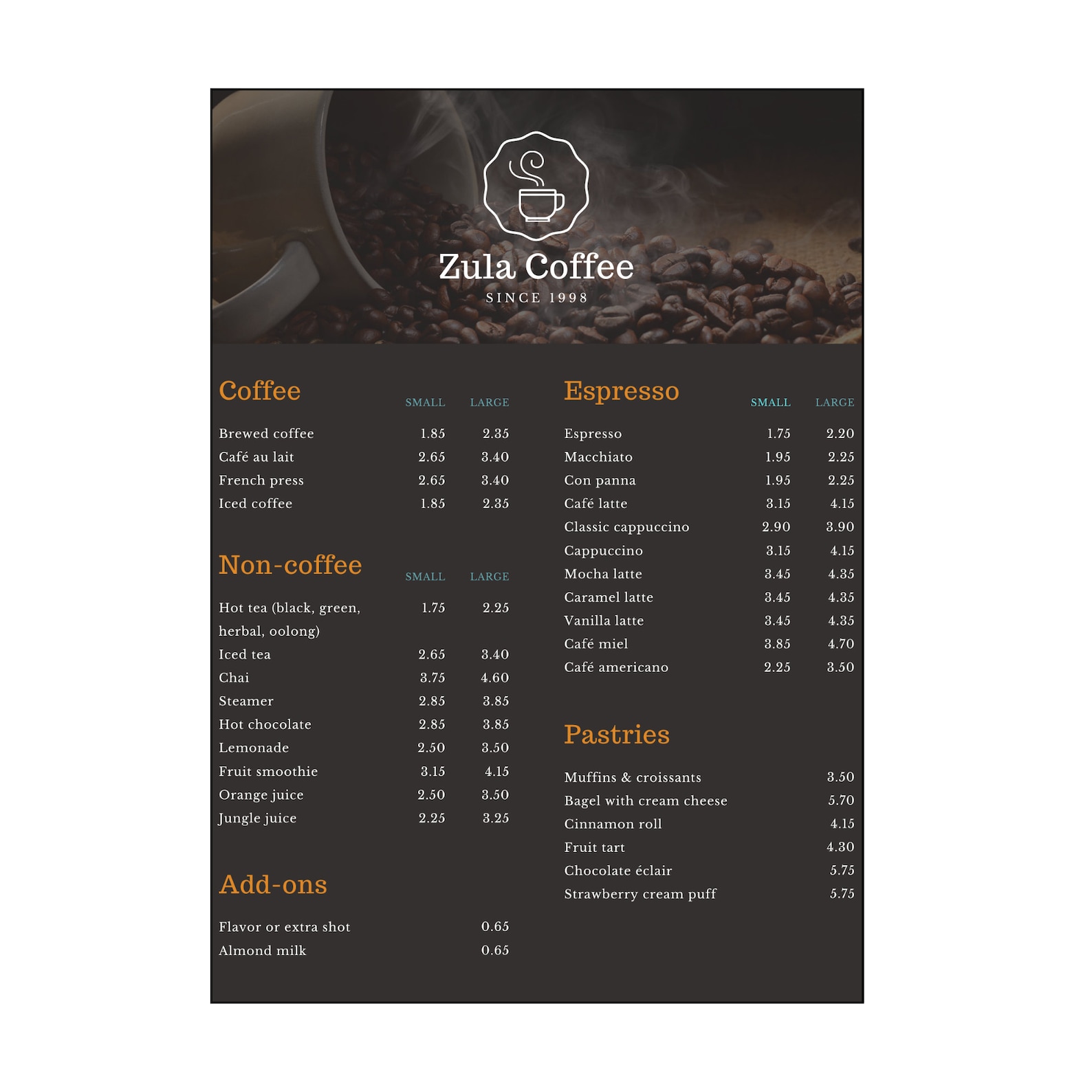 A4 Size Coffee Menu Template for Canva, Editable Café Price List ...