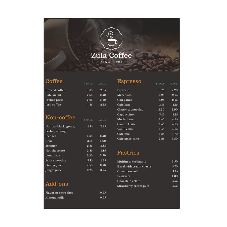 Coffee Menu Template, Customizable Coffee Menu Template, Coffee Shop ...