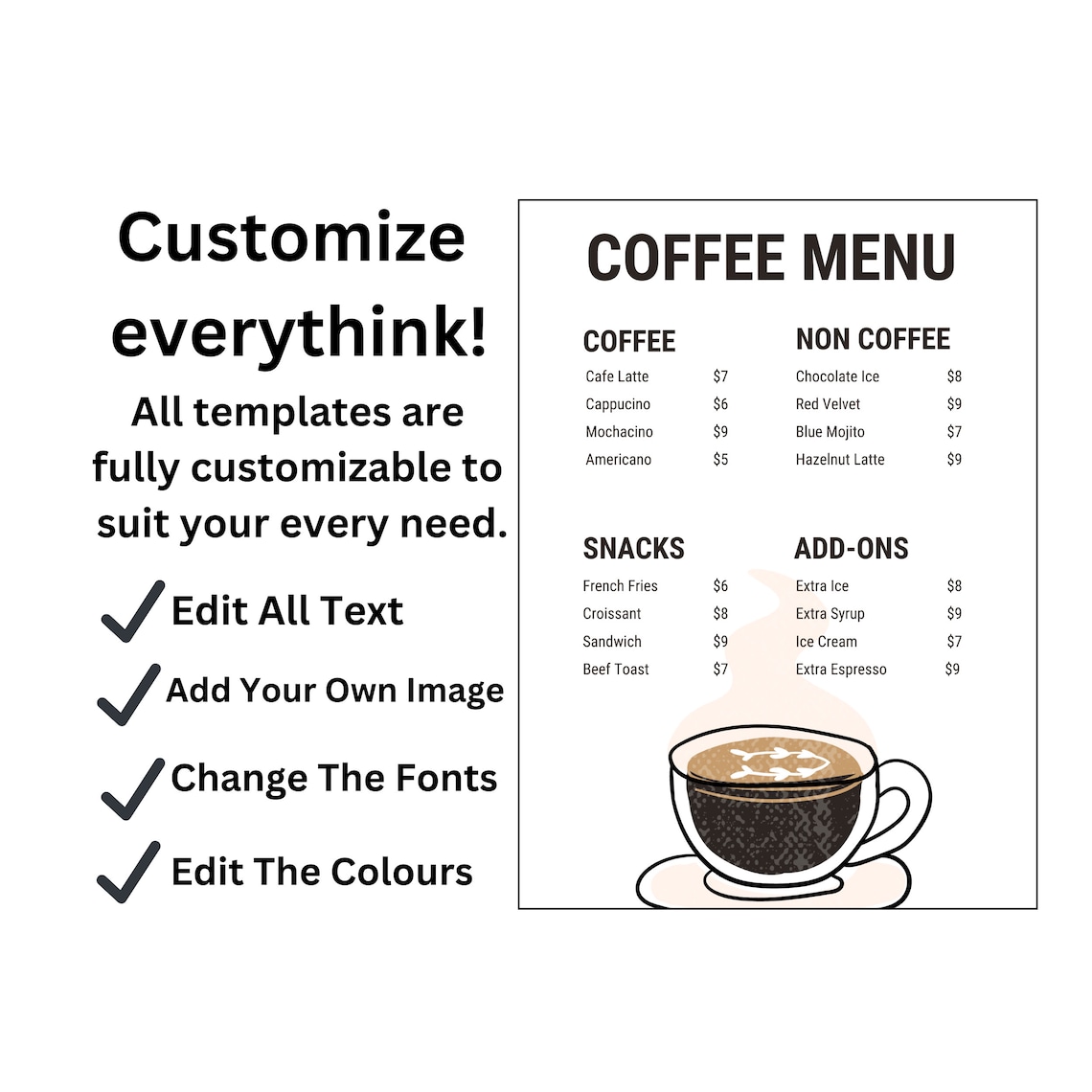 Coffee Menu Template, Customizable Coffee Menu Template, Coffee Shop ...