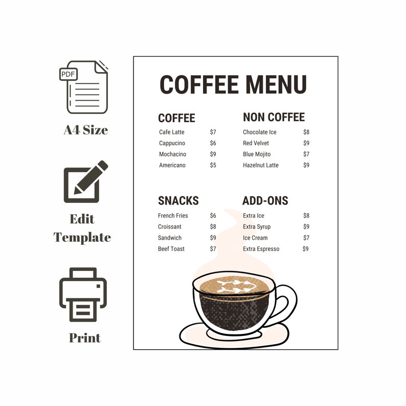 Coffee Menu Template, Customizable Coffee Menu Template, Coffee Shop ...