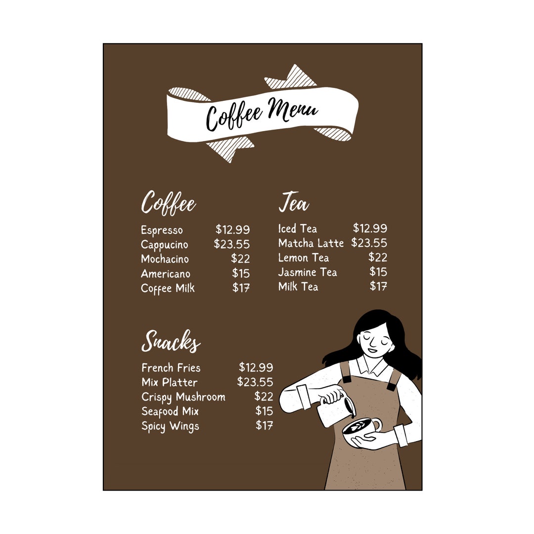Editable Coffee Shop Menu Template in Canva, A4 Size Customizable Price ...