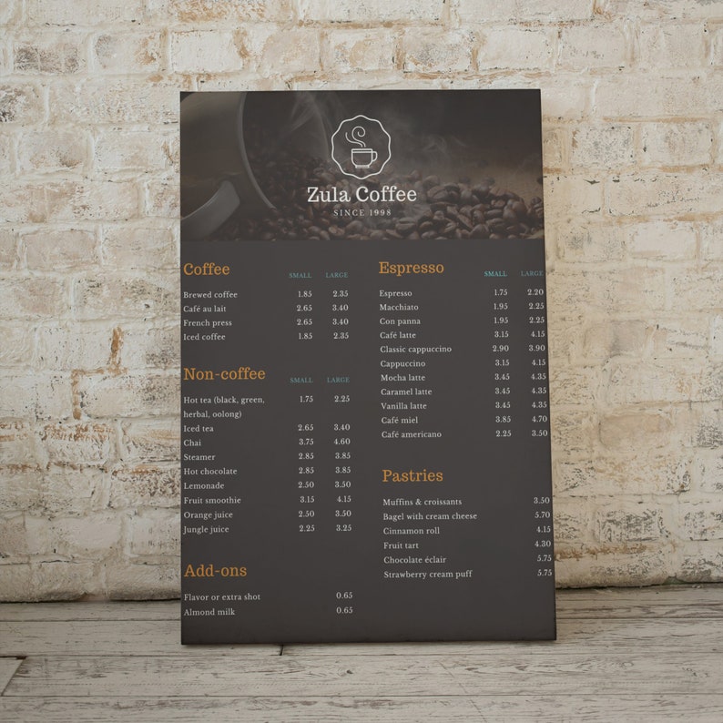 Coffee Menu Template, Customizable Coffee Menu Template, Coffee Shop ...
