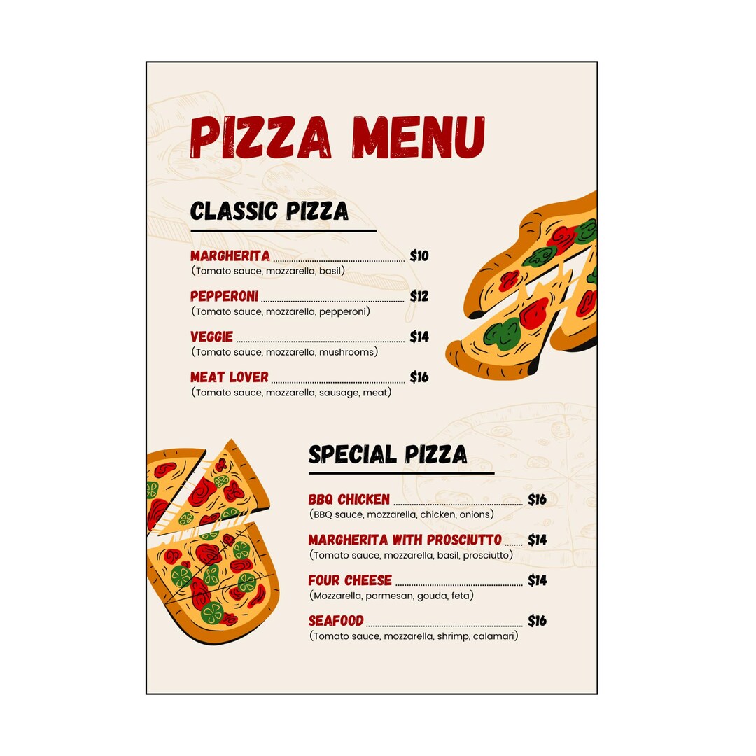Pizza Menu Template for Canva | Custom A4 Editable Restaurant Menu ...