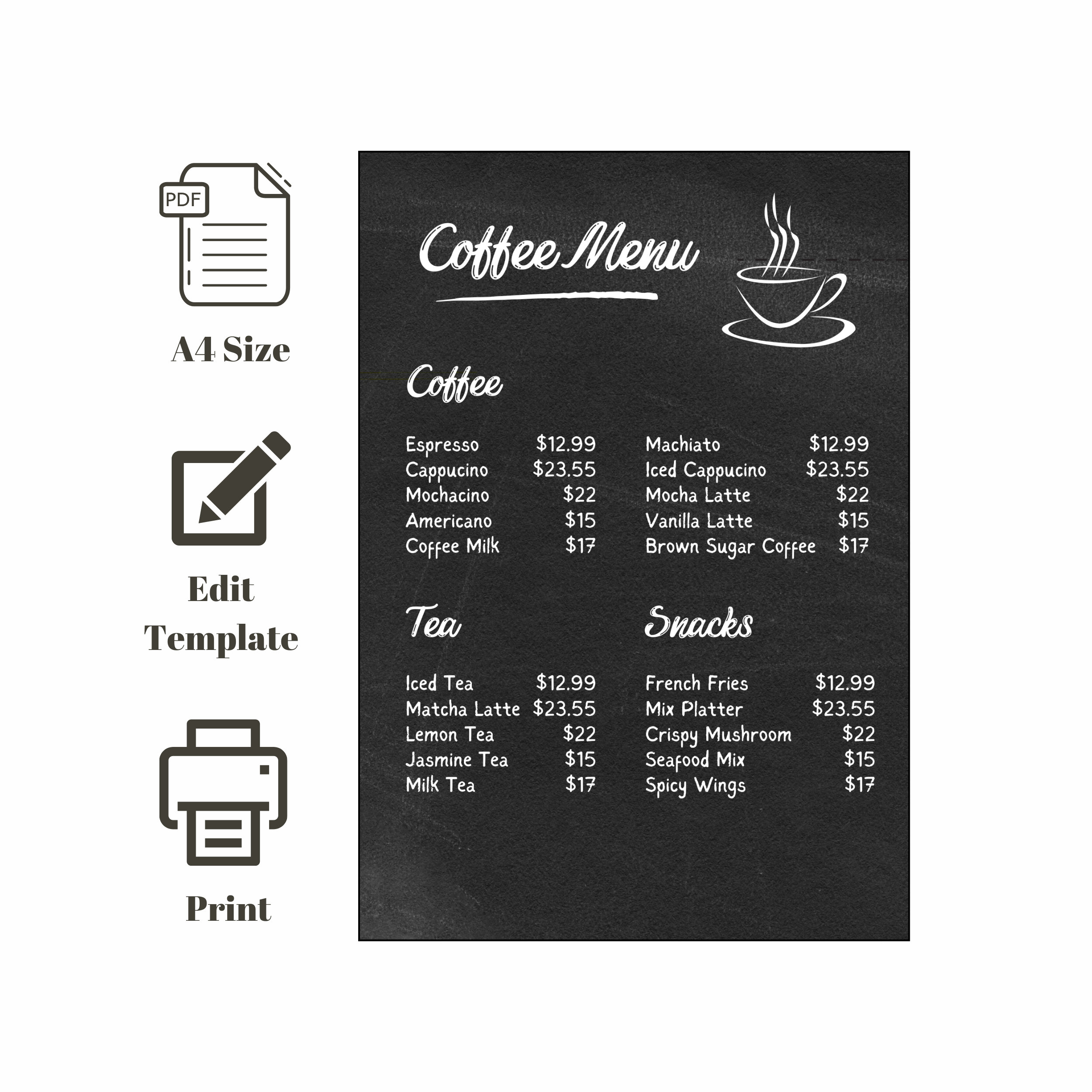 Coffee Menu Template, Customizable Coffee Menu Template, Coffee Shop ...