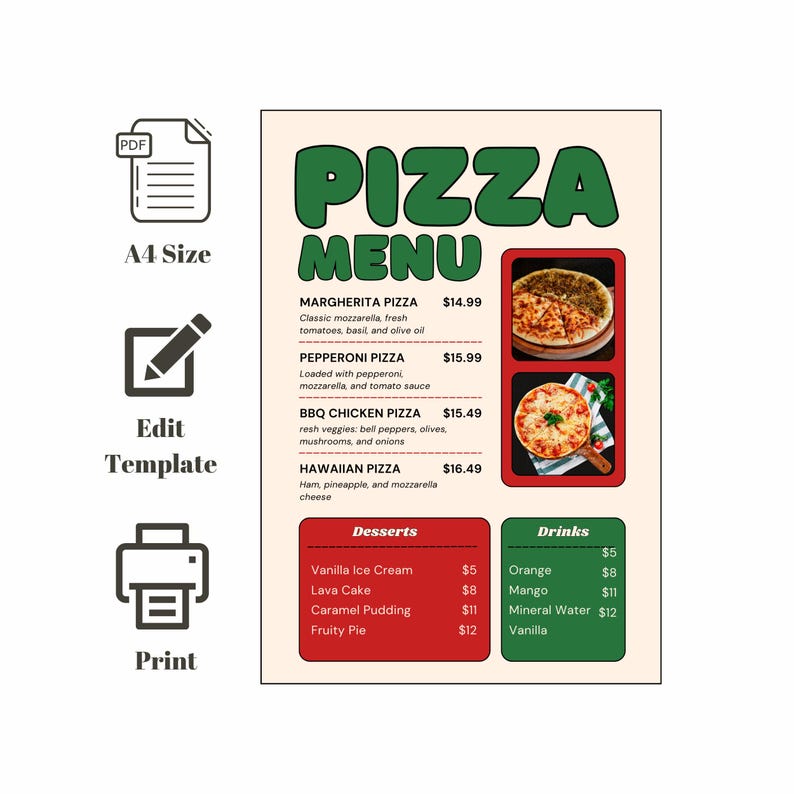 Restaurant Pizza Menu Template in Canva | Editable A4 Menu With Prices ...