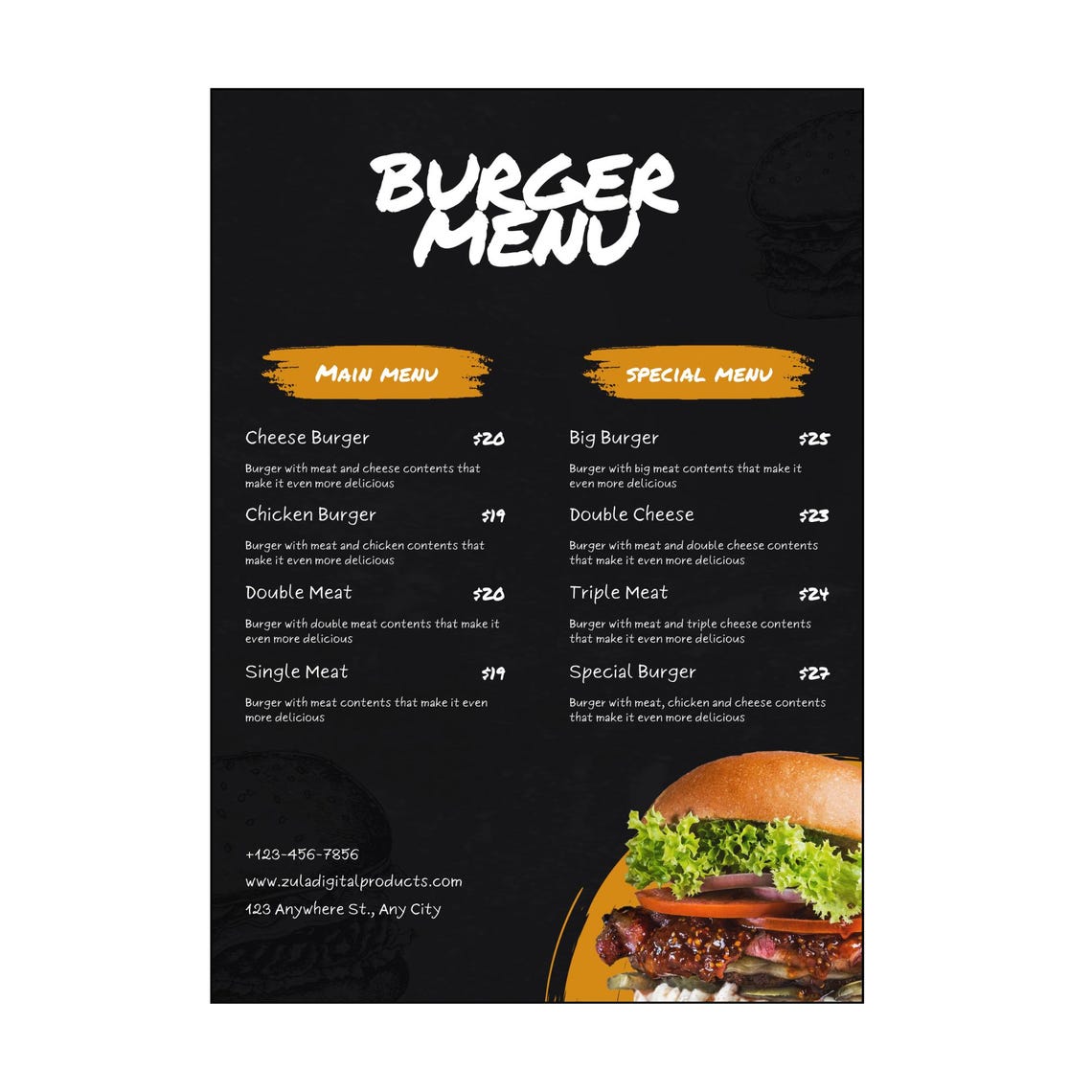 Canva Editable Burger Menu A4, Customizable Price List for Fast Food ...