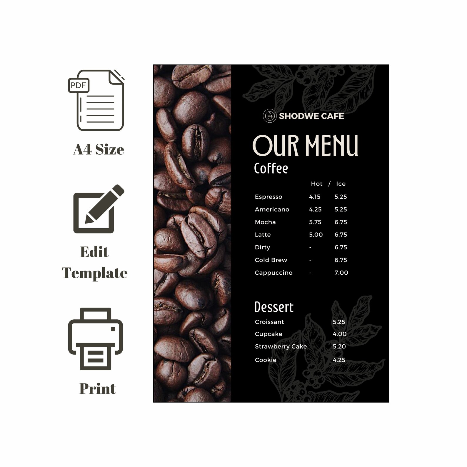 Coffee Menu Template, Customizable Coffee Menu Template, Coffee Shop ...