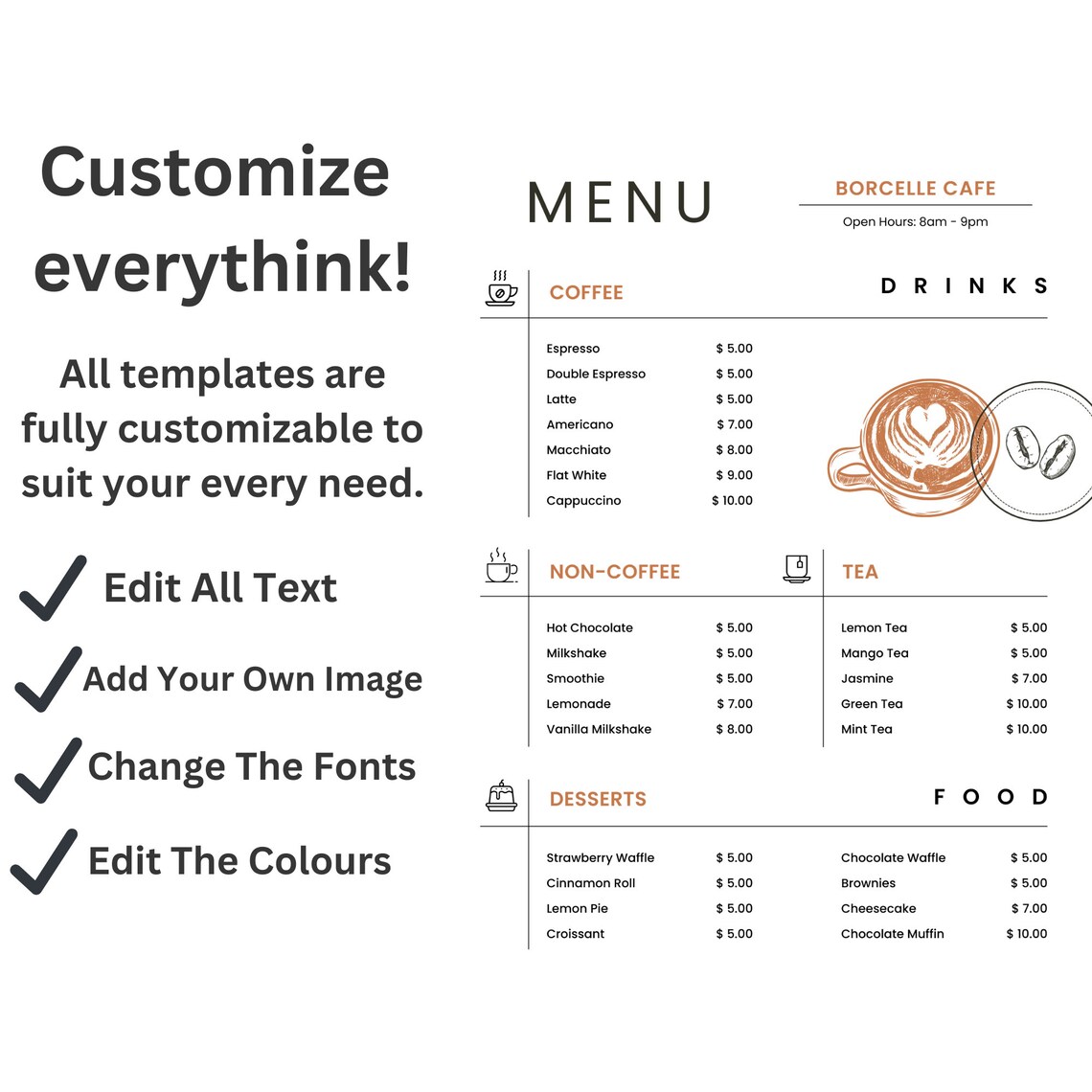 Coffee Menu Template, Customizable Coffee Menu Template, Coffee Shop ...