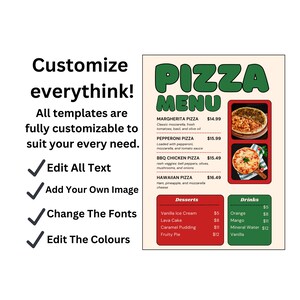 Restaurant Pizza Menu Template in Canva | Editable A4 Menu With Prices ...