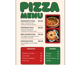 Pizza Restaurant Menu Template in Canva | Editable A4 Design | Instant ...