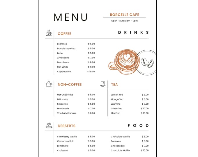Canva Editable Café Menu Template, A4 Size Custom Coffee Price List ...