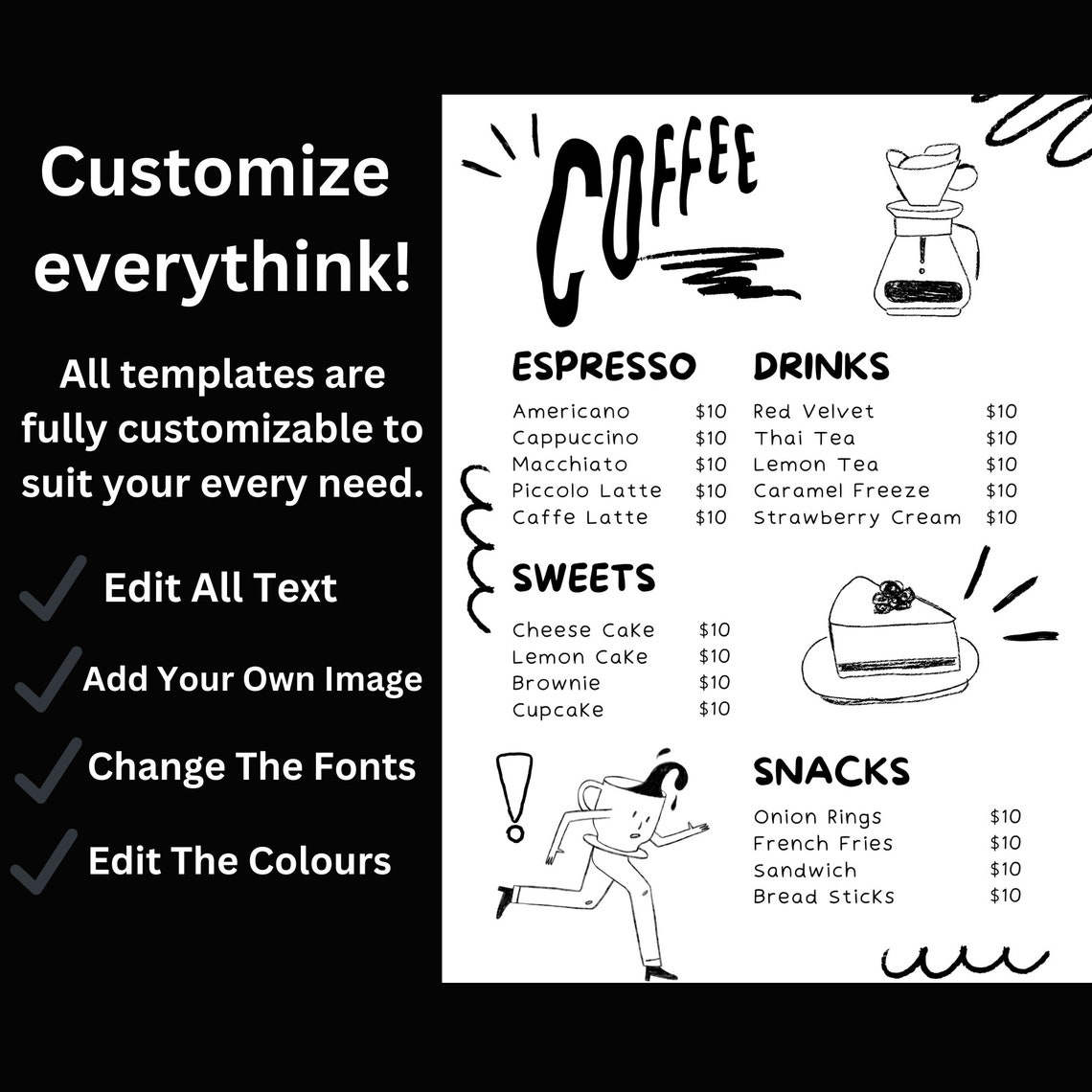 Coffee Menu Price List Template in Canva, A4 Size Editable Café Menu ...
