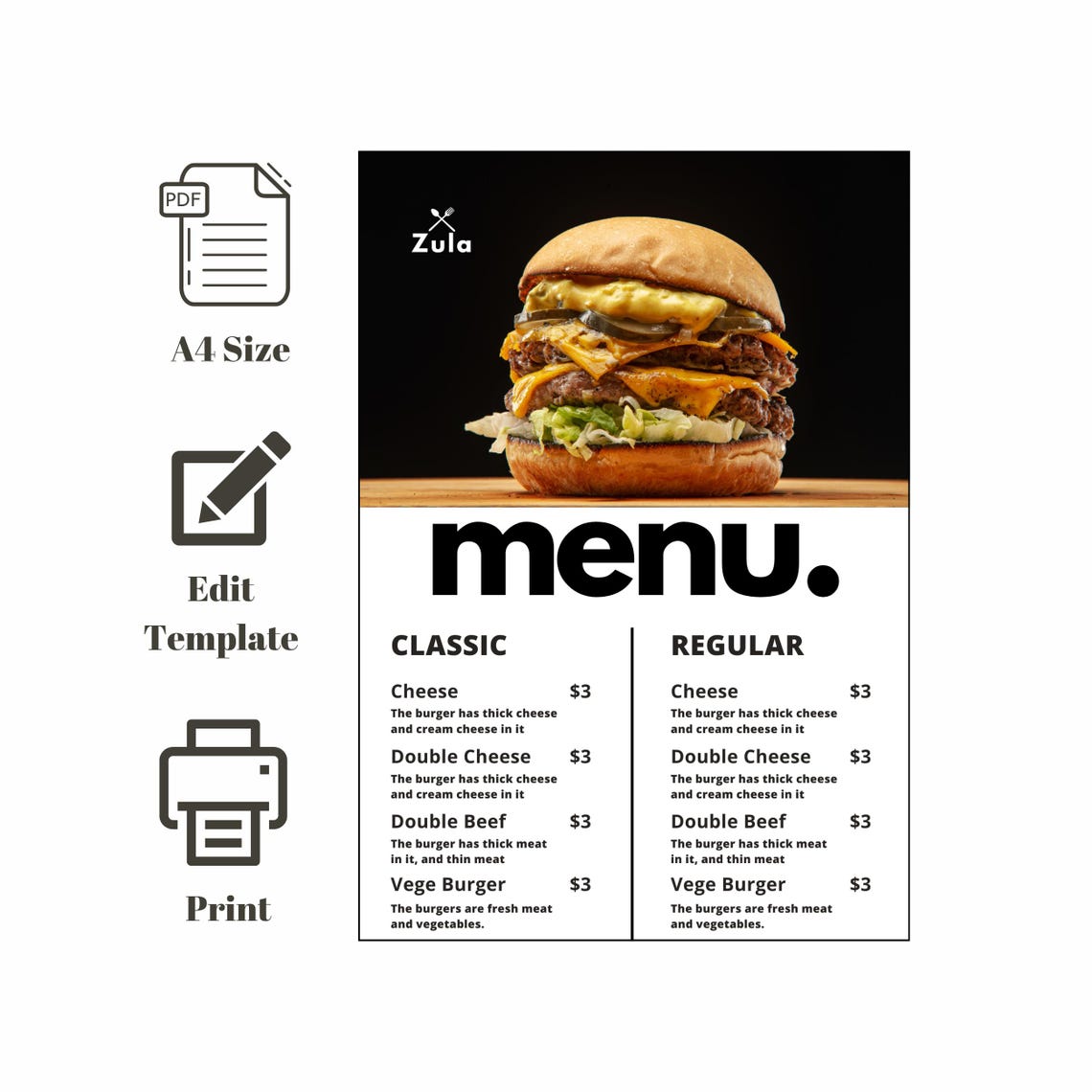 Simple Canva Burger Menu Template A4, Customizable Restaurant Menu ...