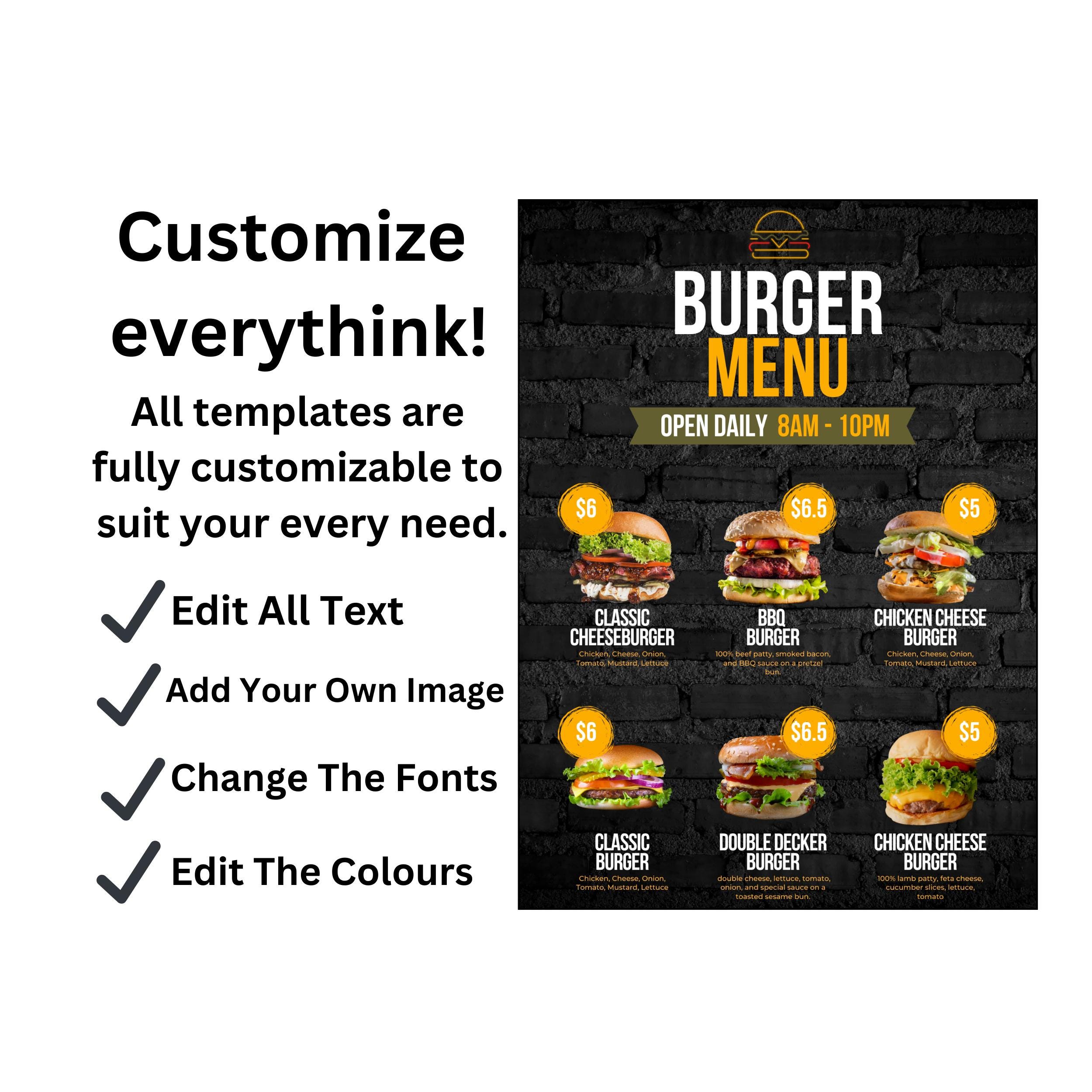 Canva Custom Burger Menu Template, Editable Fast Food Price List A4 ...