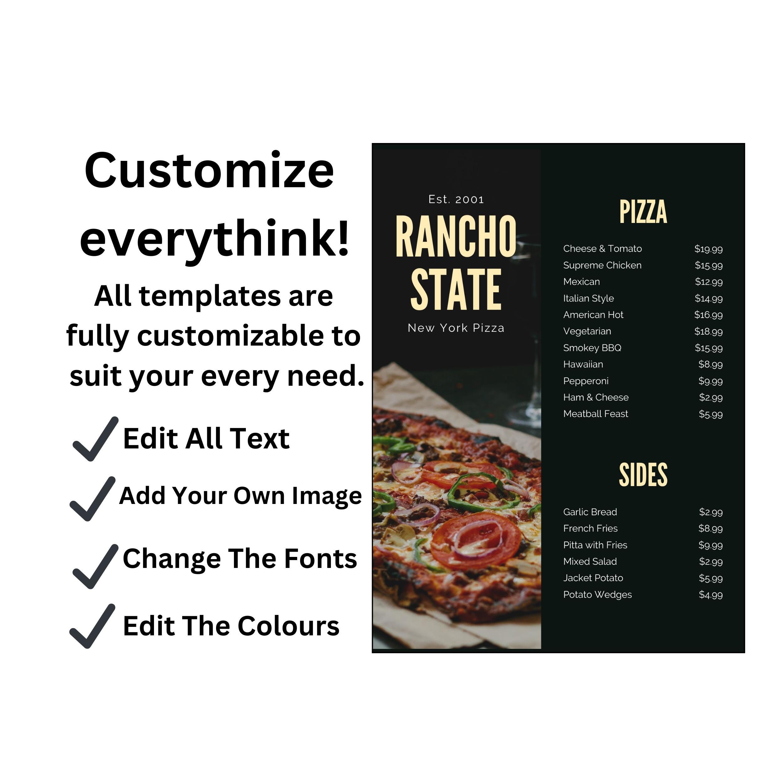 Pizza Restaurant Menu Template in Canva | Editable A4 Design | Instant ...