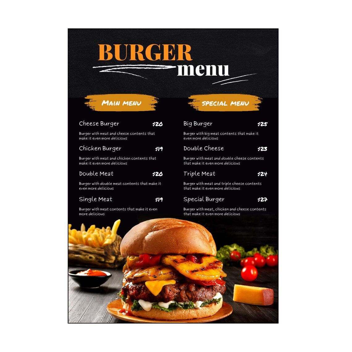 Modern Burger Menu Design for Canva, Customizable A4 Fast Food Menu ...