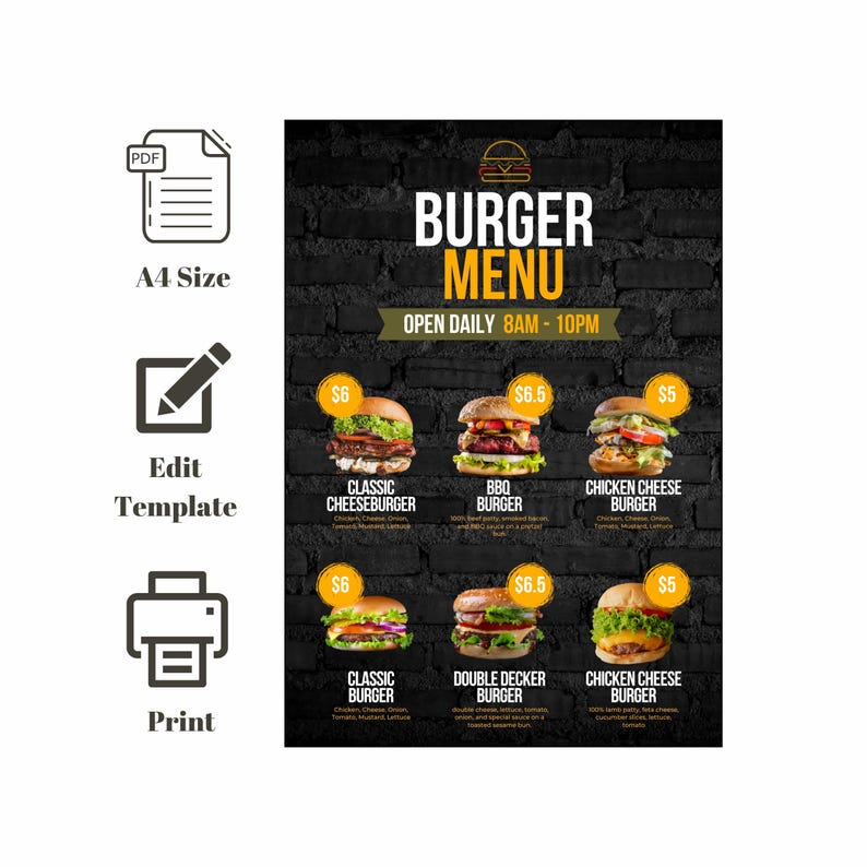 Canva Custom Burger Menu Template, Editable Fast Food Price List A4 ...
