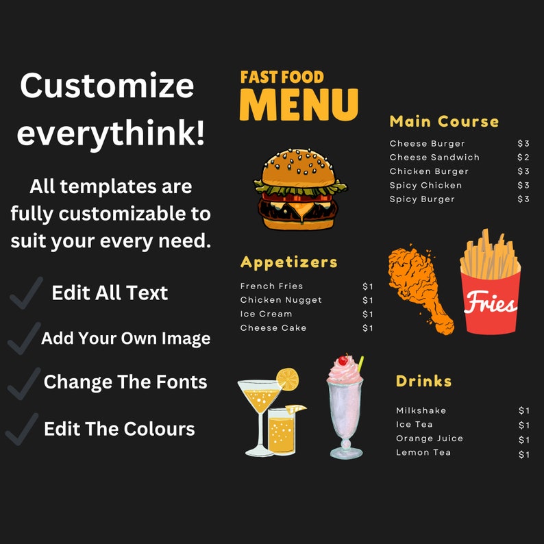 Modern Fast Food Menu Template in Canva | A4 Printable Editable Menu ...