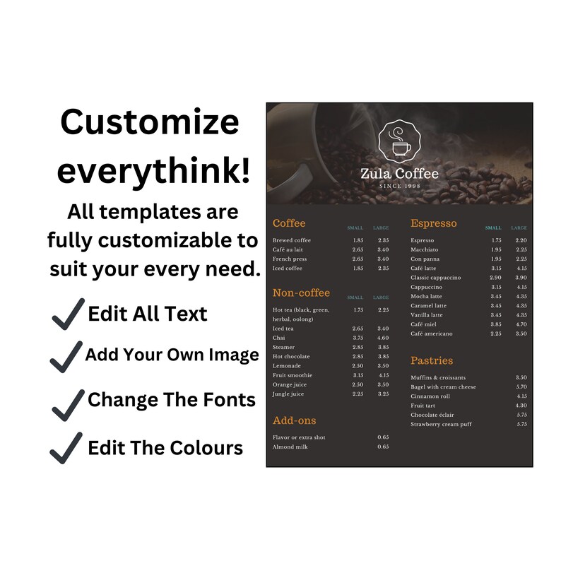 Coffee Menu Template, Customizable Coffee Menu Template, Coffee Shop ...