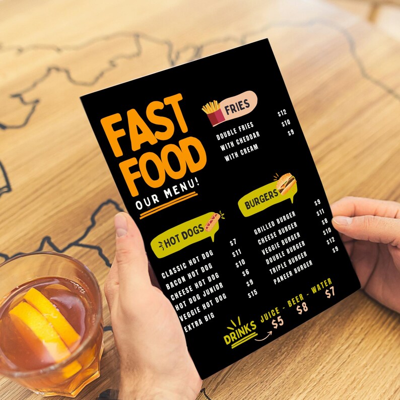 Fast Food Style Menu Template in Canva | A4 Editable Restaurant Menu ...