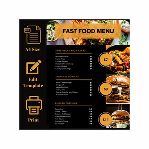 Fast Food Menu Template | Editable Fast Food Menu Template (A4 Size ...