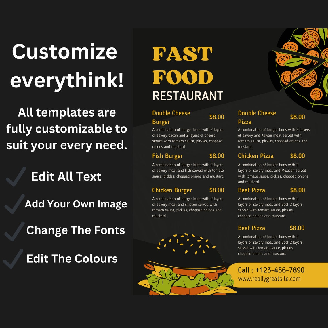 Fast Food Menu Template | Editable Fast Food Menu Template (A4 Size ...