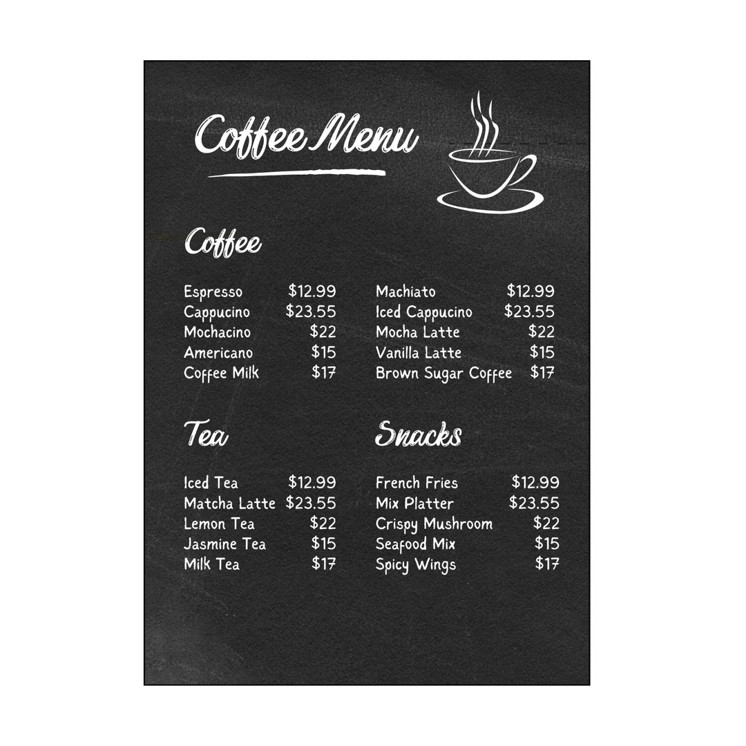 Coffee Menu Template, Customizable Coffee Menu Template, Coffee Shop ...