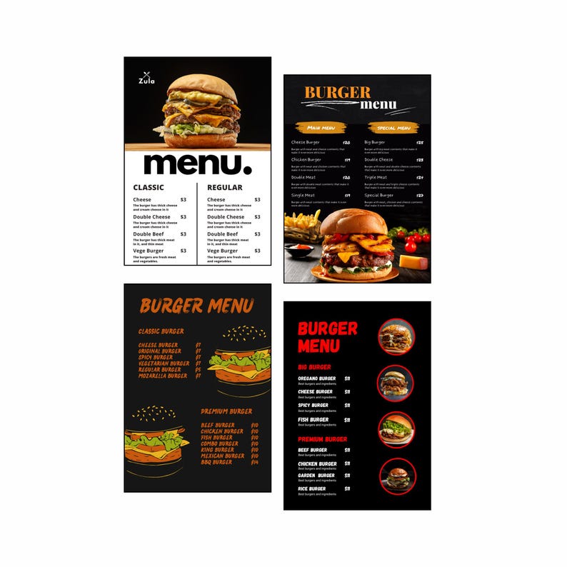 Set of 12 Customizable Burger Menu Templates for Canva, A4 Burger Menu ...