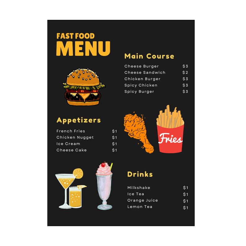 Modern Fast Food Menu Template in Canva | A4 Printable Editable Menu ...