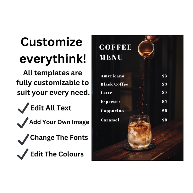 Editable Coffee Menu Template for Canva, Custom A4 Size Café Price List ...
