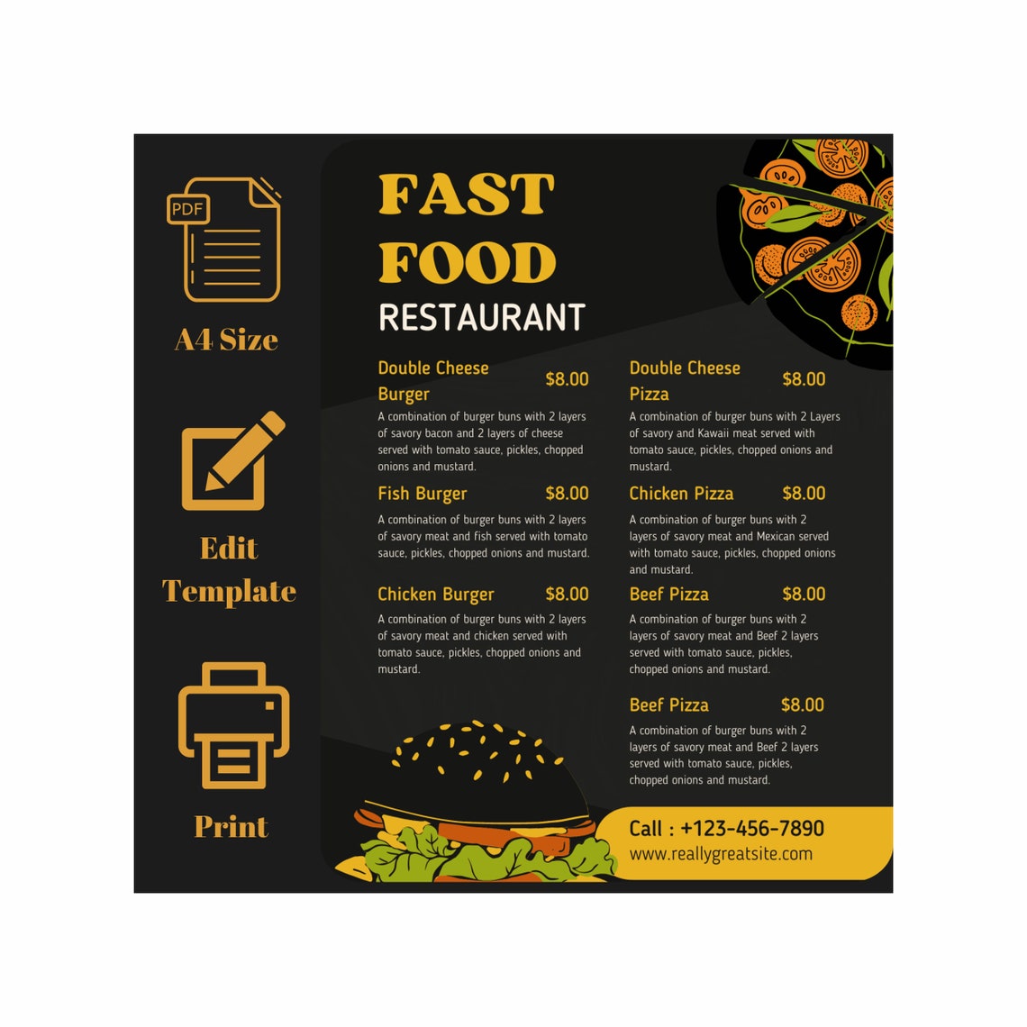 Fast Food Menu Template | Editable Fast Food Menu Template (A4 Size ...