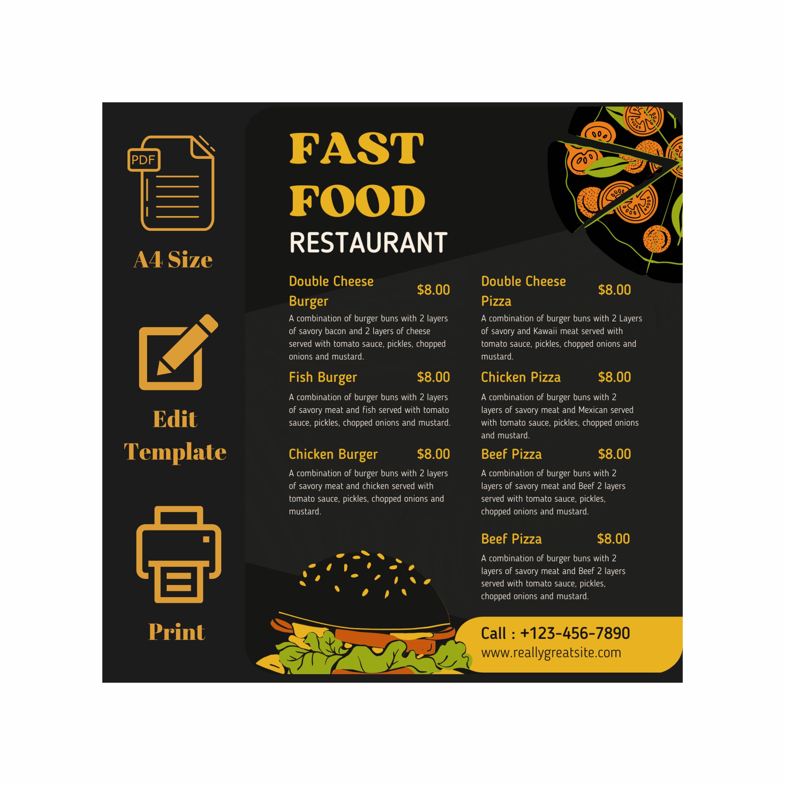 Fast Food Menu Template | Editable Fast Food Menu Template (A4 Size ...
