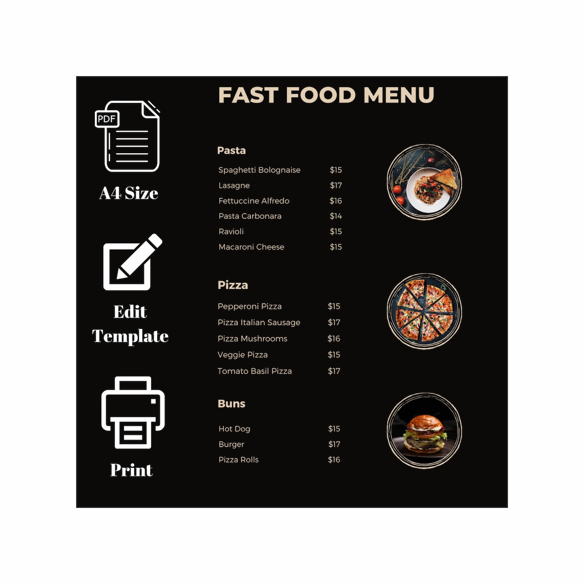 Fast Food Menu Template Editable Fast Food Menu Template A4 Size ...
