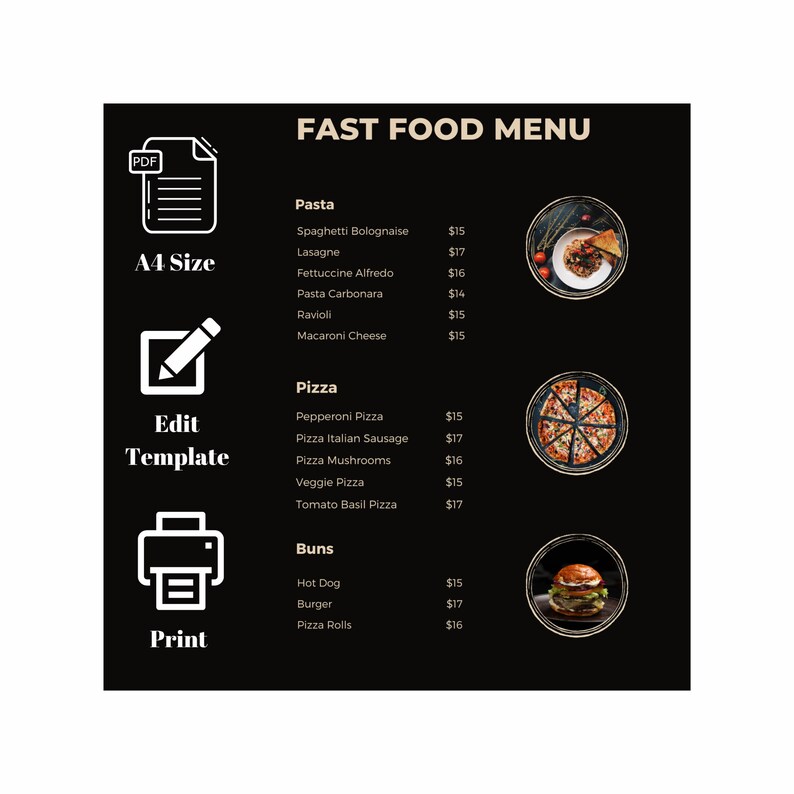 Fast Food Menu Template | Editable Fast Food Menu Template (A4 Size ...