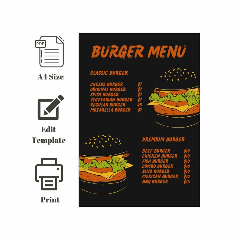 Burger Menu Canva Template A4, Editable & Customizable Fast Food Menu ...
