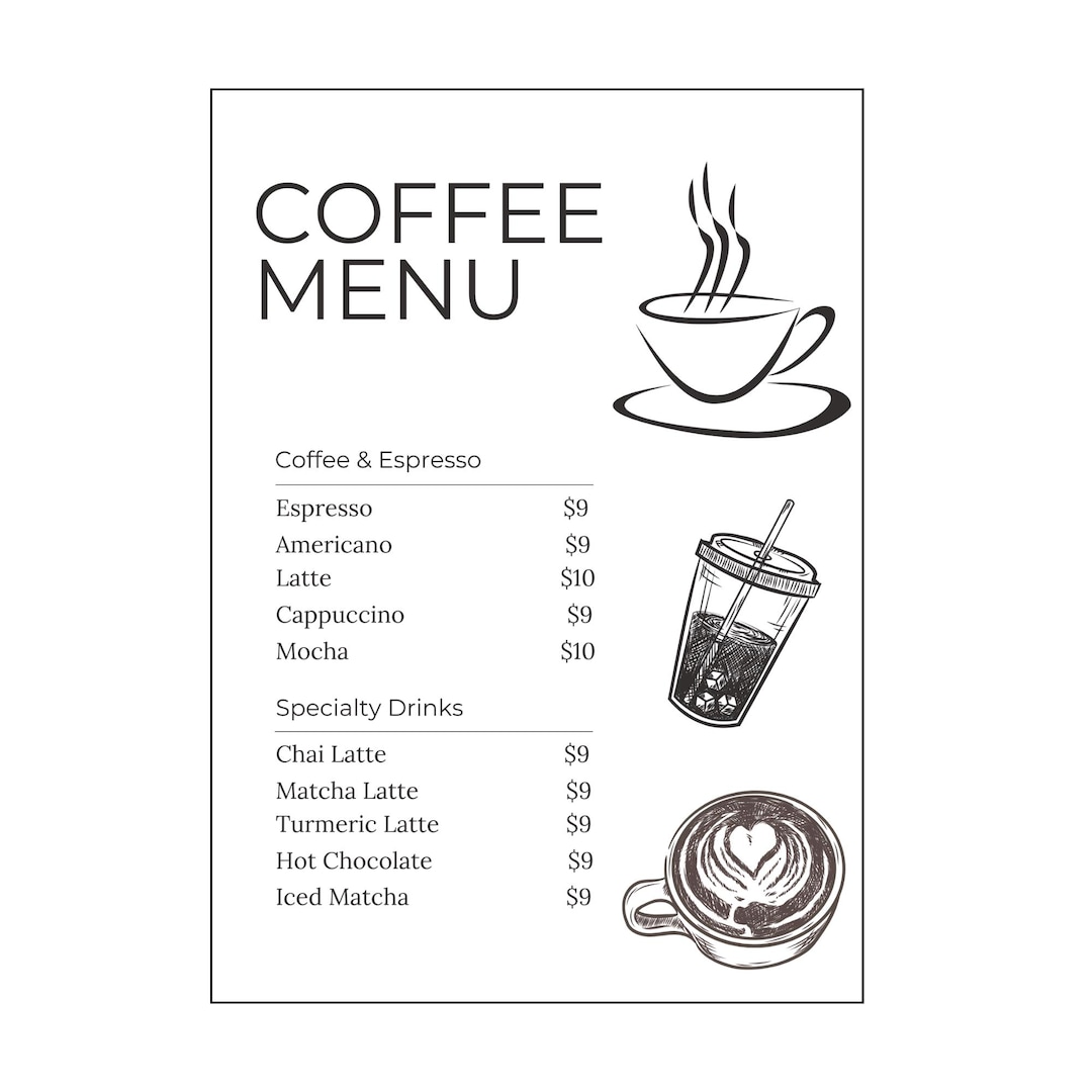 Editable Coffee Shop Menu Template, A4 Cafe Price List (canva) - Etsy
