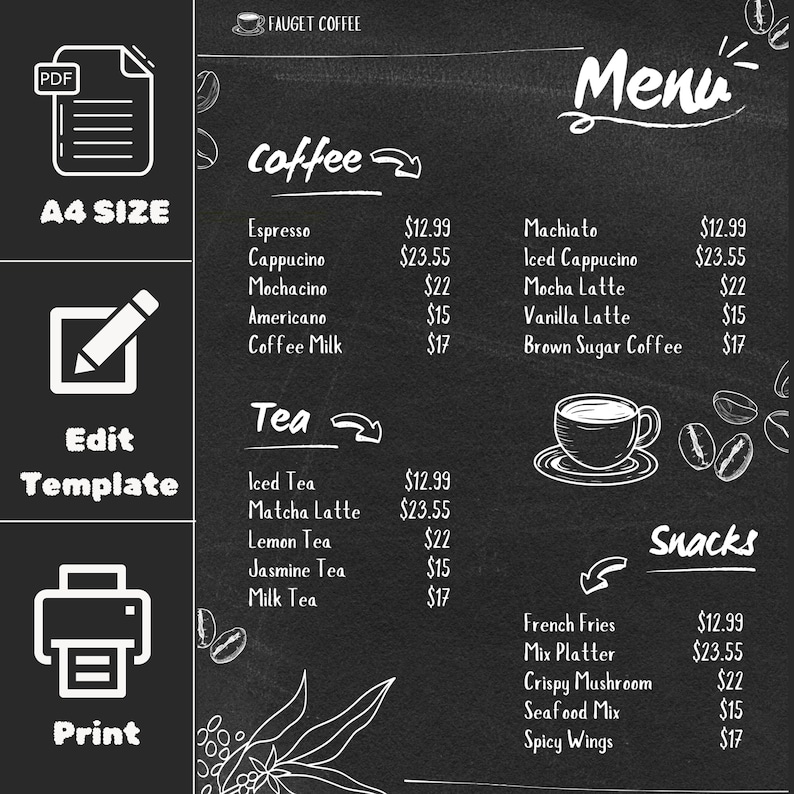 Coffee Menu, Coffee Shop Menu, Coffee Shop Price List Template, Easy ...