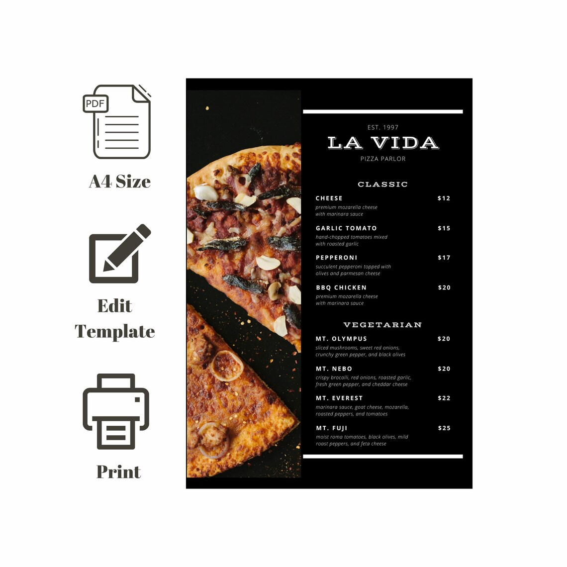 Editable Pizza Menu Template for Canva | A4 Customizable Restaurant ...