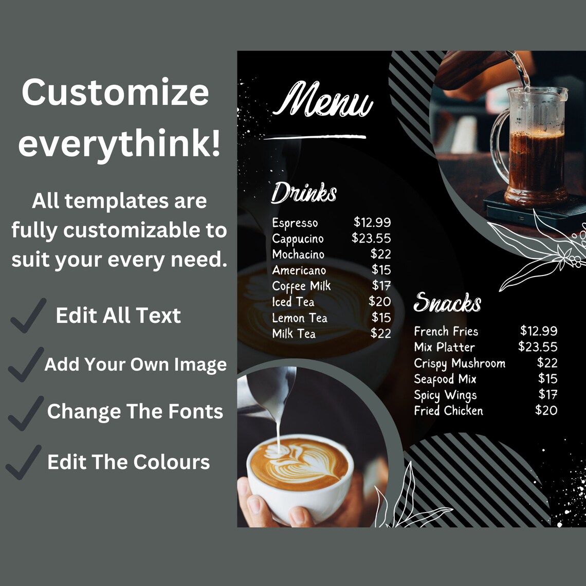 Set of 12 Coffee Menu Templates | Canva Editable Coffee Shop Price List ...