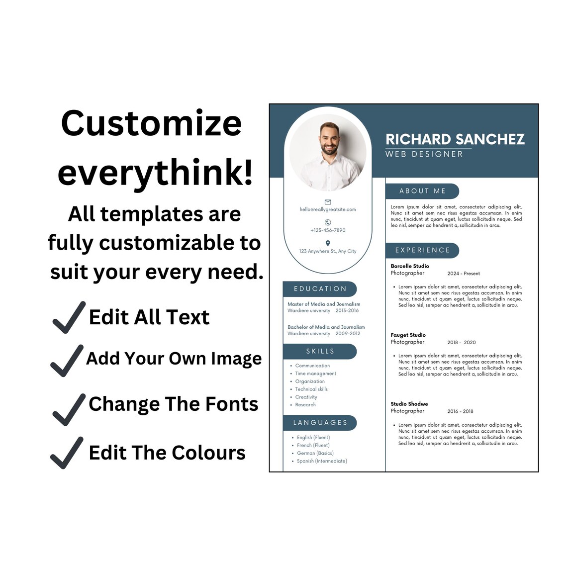 Modern Professional Resume Template Editable in Canva, With Photo, A4 ...