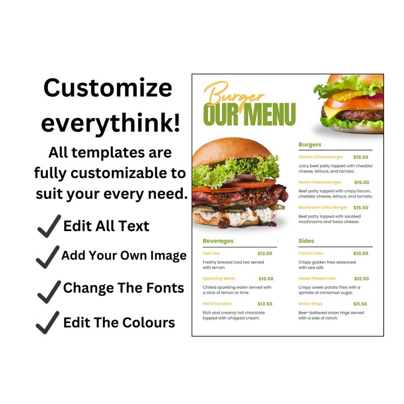 Editable Canva Burger Menu Template, Custom A4 Restaurant Menu, Instant ...