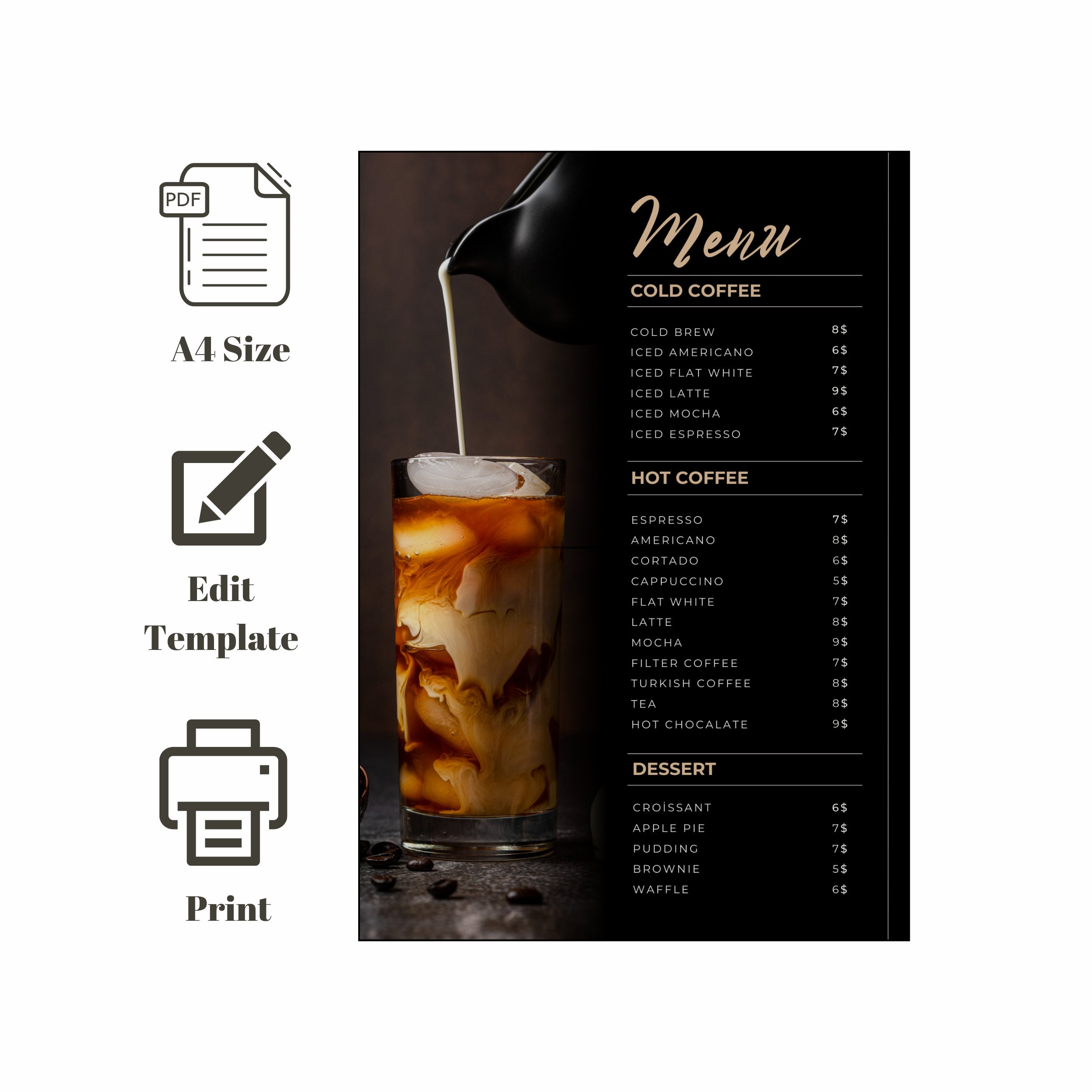 A4 Size Coffee Menu Template for Canva, Editable Café Price List Design ...