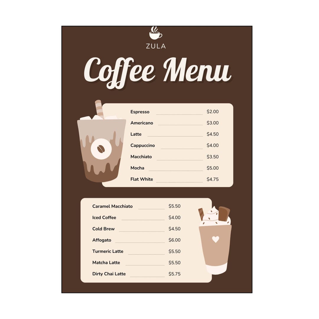 Customizable A4 Size Coffee Menu Template in Canva, Printable Café ...