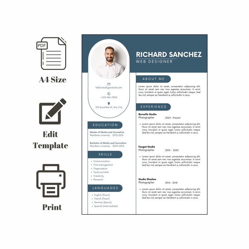 Modern Professional Resume Template Editable in Canva, With Photo, A4 ...
