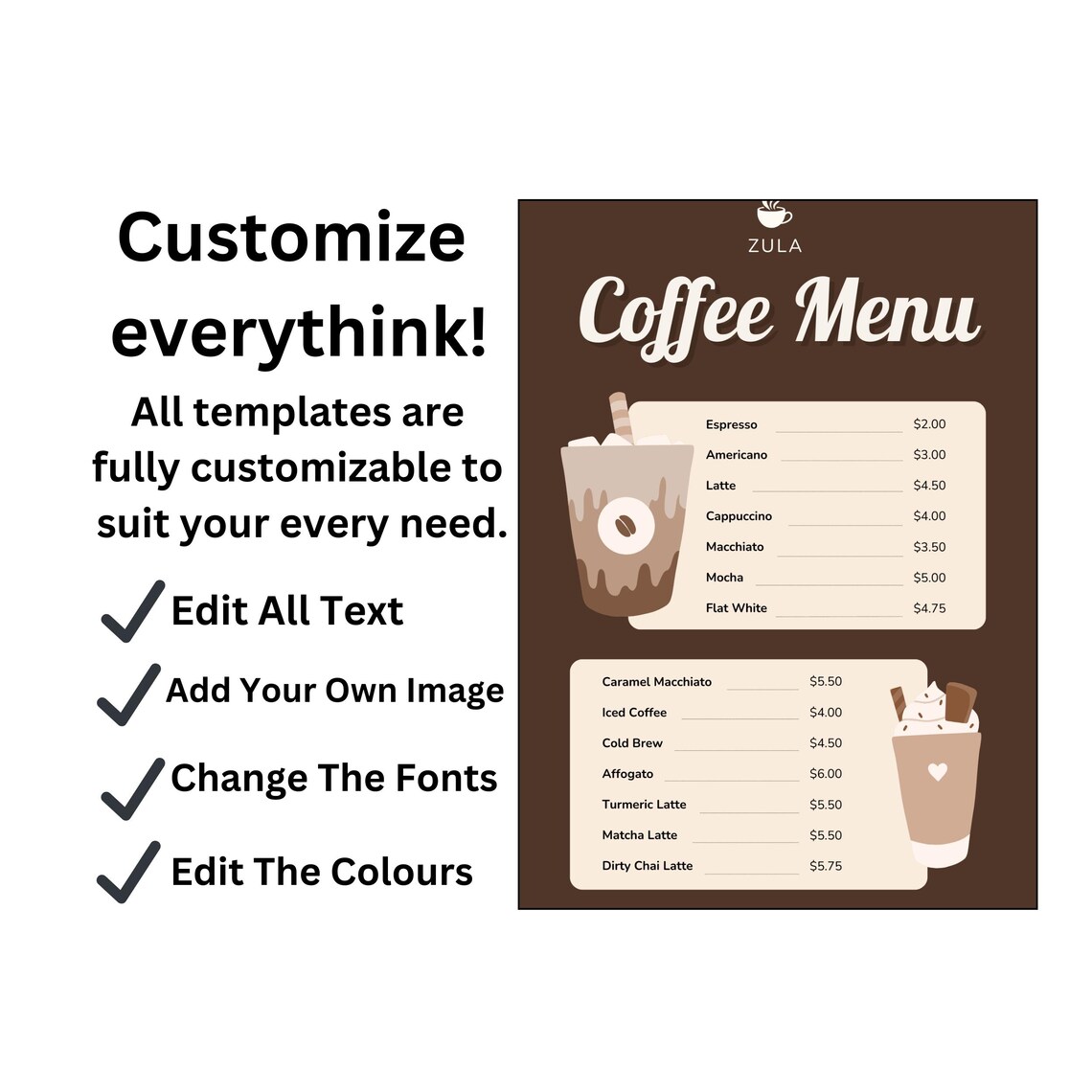 Coffee Menu Template, Customizable Coffee Menu Template, Coffee Shop ...
