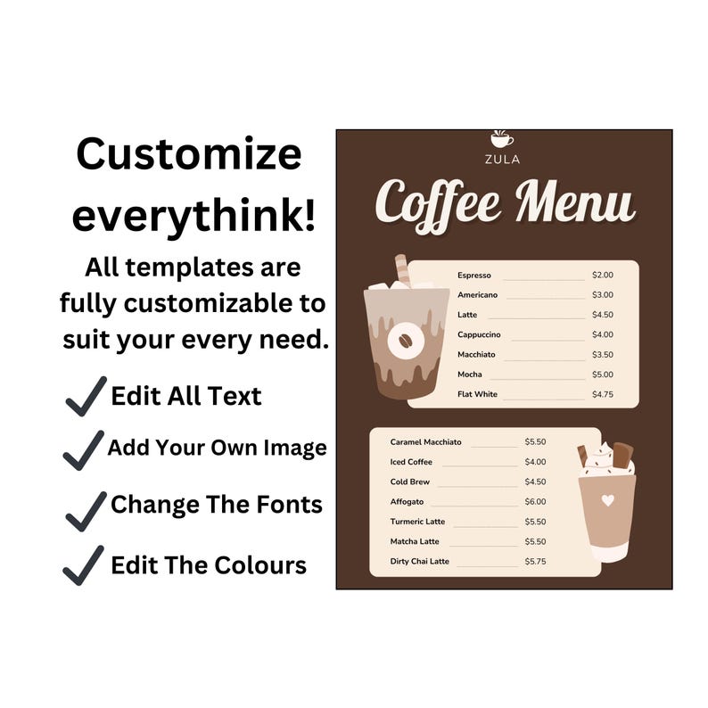 Coffee Menu Template, Customizable Coffee Menu Template, Coffee Shop ...